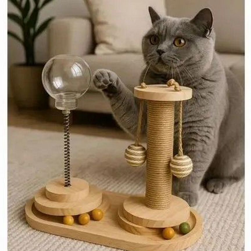 Когтеточка с игрушками деревянная для кошек новая