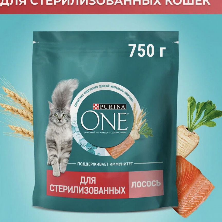 Сухой корм purina ONE для кошек с лососем, 750 г