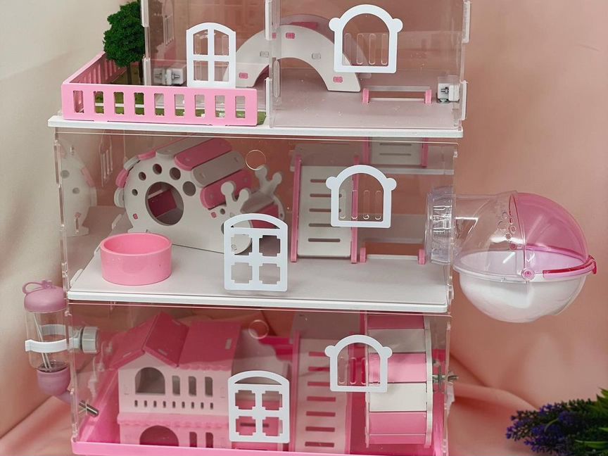 Большая прозрачная клетка для хомяка (розовая)