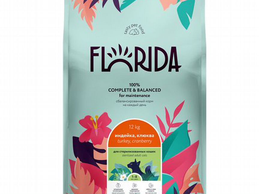 Florida - Корм для стер. кошек индейка клюква 12кг