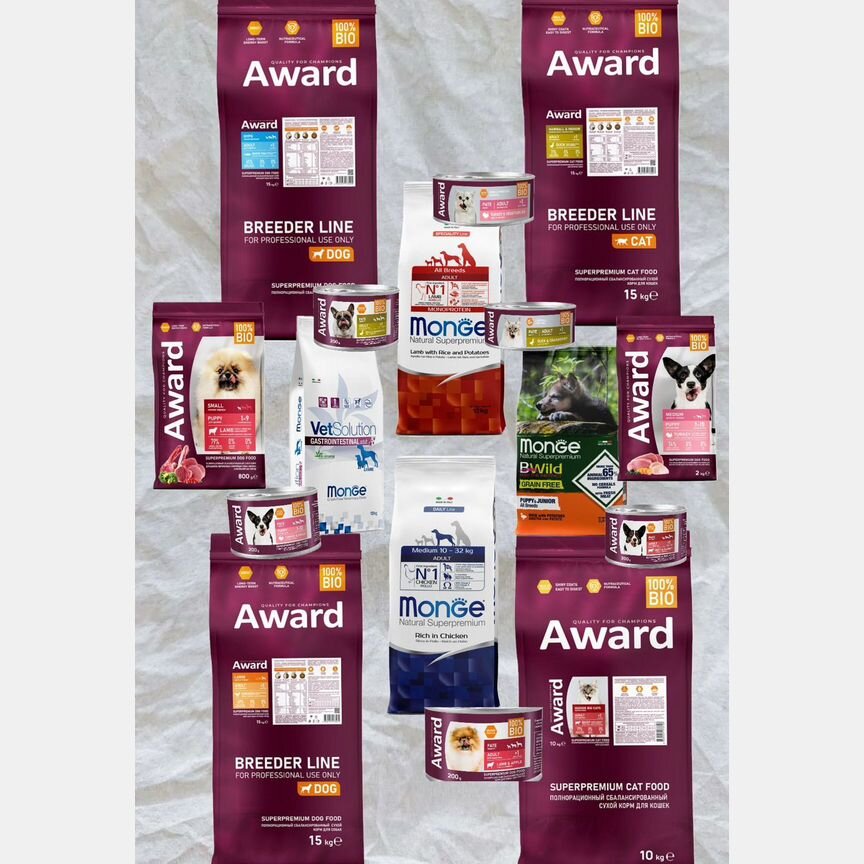 Сухой и влажный корм для собак/кошек Award Monge