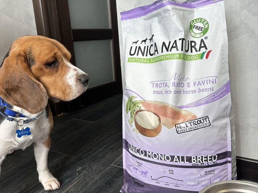 Корм unica natura доя собак с форелью